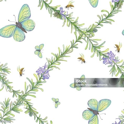 피는 로즈마리 나뭇가지 나비 꿀벌과 완벽 한 수채화 패턴 손으로 그린 수채화 그림입니다 직물 주방 수건 냅킨에 인쇄하기에 적합한 체크 무늬 패턴 개체 그룹에 대한 스톡 벡터