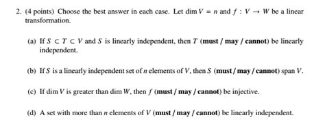solved choose the best answer in each case let dim v n