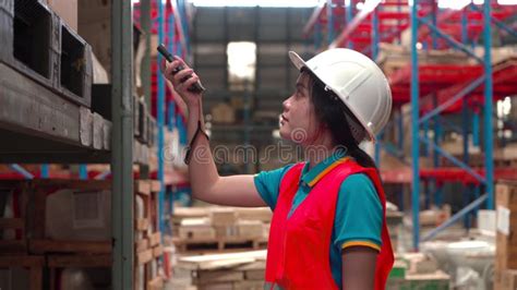4k Asian Woman Staff With Safety Hard Helmet And Uniform Checking