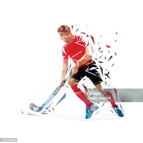 공을 가지고 달리는 필드 하키 선수 낮은 다각형 벡터 그림 삼각형의 기하학적 필드 하키 로고 필드 하키에 대한 스톡 벡터 아트