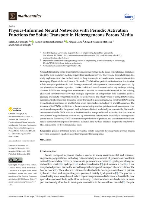 Pdf Physics Informed Neural Networks With Periodic Activation Functions For Solute Transport