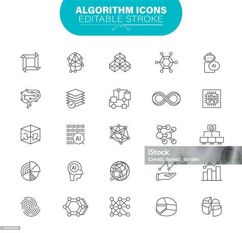 알고리즘 아이콘 세트는 인공 지능 기계 학습 사물 인터넷 네트워크 기술 데이터 분석 일러스트레이션으로 기호가 포함되어 있습니다 관로에 대한 스톡 벡터 아트 및 기타 이미지