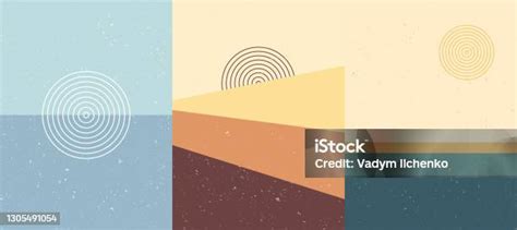 벡터 그림입니다 중반 세기 현대 20 년대 복고풍 펑키 그래픽 그런지 텍스처 미니멀 한 풍경 세트 추상 적 모양입니다 홈