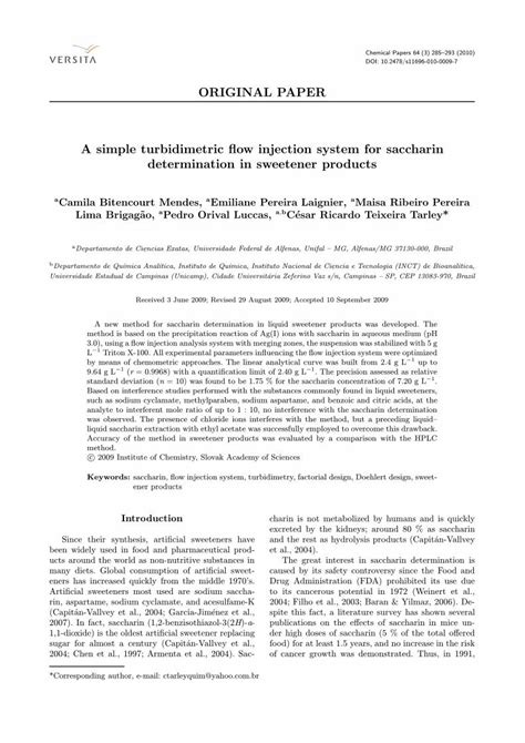 Pdf A Simple Turbidimetric Flow Injection System For Saccharin Determination In Sweetener