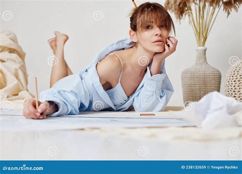 Beautiful Woman Working With Blueprints At Home Stock Image Image Of
