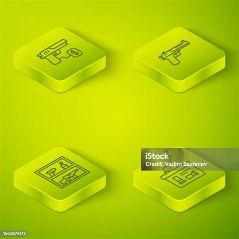 아이소메트릭 라인 사막 독수리 총 사냥 상점 무기 군용 탄약 상자 및 구매 권총 아이콘을 설정합니다 벡터 3차원 형태에 대한 스톡 벡터 아트 및 기타 이미지 Istock