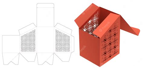 스텐실 패턴 다이 컷 템플릿 및 3d 모형이 있는 경사 포장 상자 프리미엄 벡터
