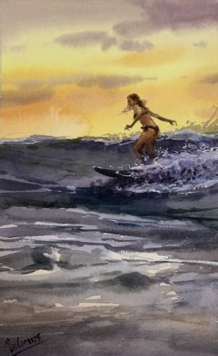 Купити картину «серфінгістка в жанрі водний і морський пейзаж аквареллю на папері в стилі