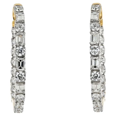 14k Yellow Gold Alternating Emerald And Round Cut Diamond Hoop Earrings