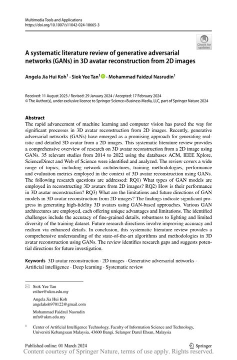 A Systematic Literature Review Of Generative Adversarial Networks Gans In 3d Avatar