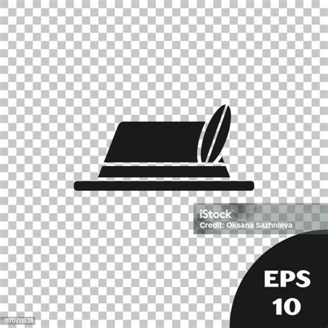 투명 한 배경에 격리 된 검은 옥토버 페스트 모자 아이콘입니다 깃털이 달린 사냥꾼 모자 독일 모자 벡터 일러스트레이션 10월에