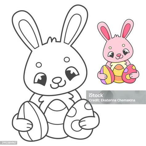 분홍색 Rabbitwith 부활절 달걀 색칠 공부 책 아이들을 위한 색칠 예제 귀여운 토끼와 함께 색칠 공부 페이지 흑백 및 컬러 버전 벡터 어린이의 그림입니다 0명에 대한