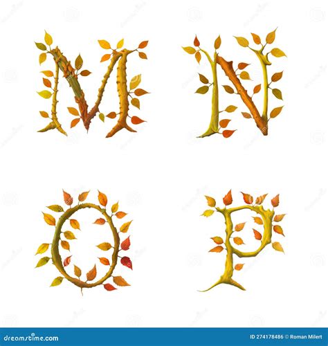 Stylized Autumn Leaf Tree Alphabet Letters M P Stock Illustration