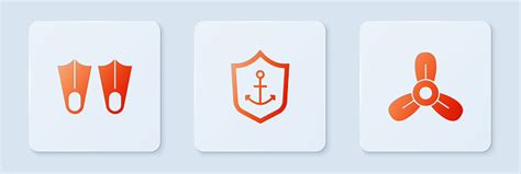 방패 고무 오리발 및 보트 프로펠러 터빈 내부에 앵커를 설정합니다 흰색 정사각형 버튼 벡터 건강관리와 의술에 대한 스톡 벡터