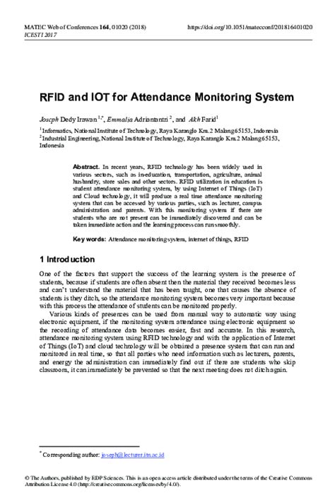 Pdf Rfid And Iot For Attendance Monitoring System
