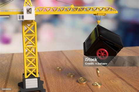 유로 기호가있는 동전이 쏟아지는 은행 금고가있는 건설 크레인 건설 및 주택 비용에 대한 텍스트를 위한 빈 공간이 있는 3d 배경 예산 초과 0명에 대한 스톡 사진 및 기타