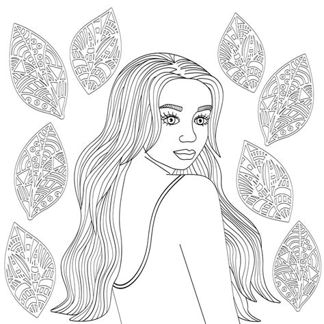 Premium Vector Beautiful Girl With Long Hair And Leaves Black Outline Sketch Line Art For