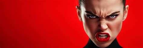 A Woman Angry Expression Captured Against A Vibrant Red Background