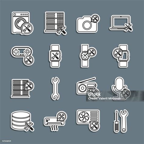 라인 드라이버 및 렌치 마이크 서비스 스마트 워치 사진 카메라 게임 패드 와셔 및 손목 아이콘을 설정합니다 벡터 Brand Name Video Game에 대한 스톡 벡터