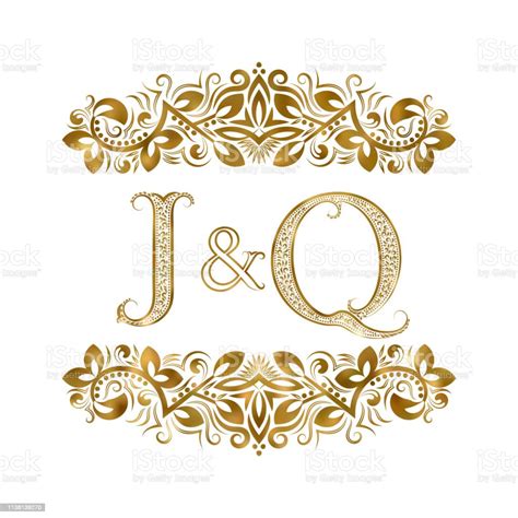J와 Q 빈티지 이니셜 기호입니다 문자는 장식 요소에 둘러싸여 있습니다 결혼식 또는 비즈니스 파트너 로얄 스타일의 모노 그램 고풍스런에 대한 스톡 벡터 아트 및 기타 이미지