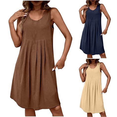 Fnfyfh Womens Summer Sleeveless Cotton Linen Dress Casual Crew Neck Pleated Midi Boho Beach
