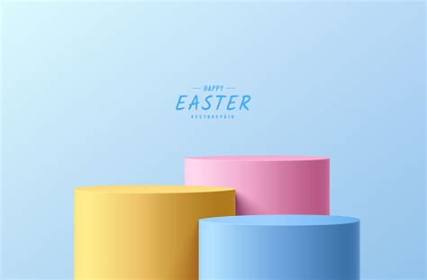 노란색 분홍색 파란색 3d 타원형 달걀 연단 배경 행복한 부활절 달걀 날 개념 미니멀리스트 3d 모형 받침대 추상 제품 디스플레이 프레젠테이션 쇼케이스용 무대 플랫폼 벡터
