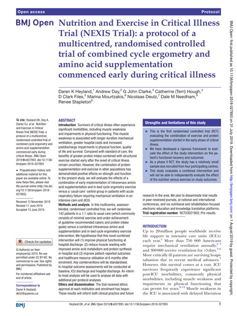 Pdf Nutrition And Exercise In Critical Illness Trial Nexis Trial A