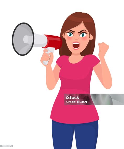 화가 난 여 자가 확성기 시끄러운 스피커를 들고 주먹과 비명을 올리거나 눈 동안 큰 소리로 외치 열 널리 벡터 만화 스타일에