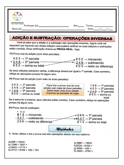 Atividades Sobre Adição E Subtração Pdf