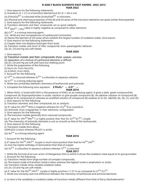 D And F Block Past Papers Pdf Transition Metals Redox