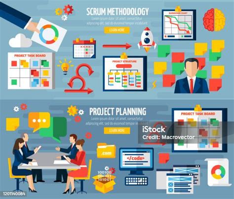 스크럼 민첩한 개발 방법론 배너 스크럼에 대한 스톡 벡터 아트 및 기타 이미지 스크럼 애자일 방법론 팀워크 Istock