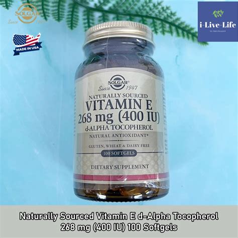 Solgar Naturally Sourced Vitamin E D Alpha Tocopherol 268 Mg 400 Iu