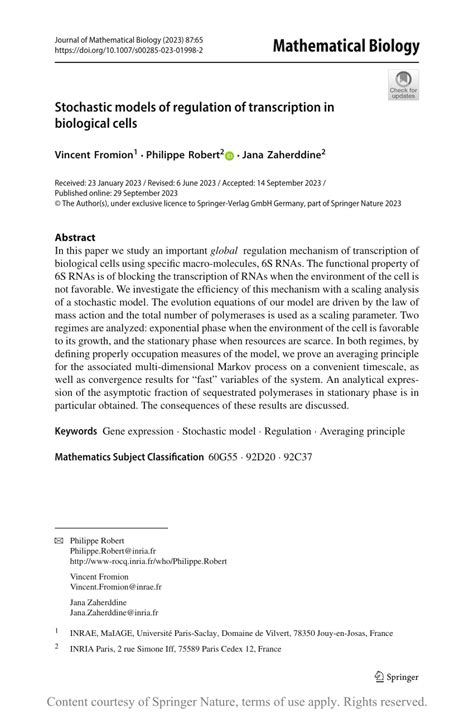 Stochastic Models Of Regulation Of Transcription In Biological Cells Request Pdf
