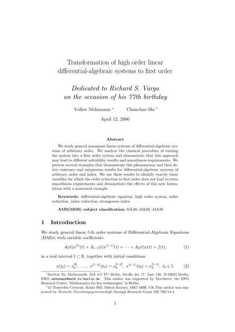 Pdf Transformation Of High Order Linear Differential Algebraic Systems To First Order