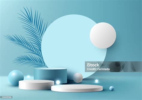 3d 현실적인 빈 스튜디오 룸 흰색과 파란색 실린더 연단 스탠드 원형 배경 3차원 형태에 대한 스톡 벡터 아트 및 기타 이미지 3차원 형태 가정의 방 강단 Istock