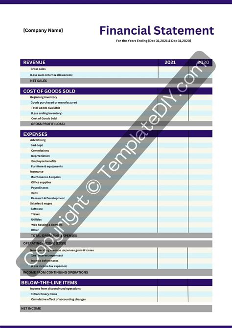 Financial Statement Template Printable Blank Pdf Word