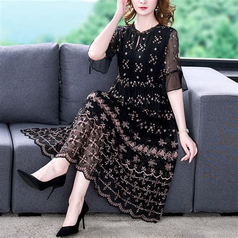 2024 New Black Embroidery Mulberry Silk Hollow Out Sexy Midi Dress