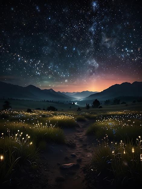 A Field Of Grass With A Starry Sky And A Trail In The Background Premium Ai Generated Image