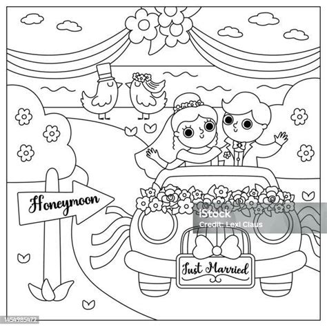 벡터 흑백 결혼식 장면 귀여운 그냥 결혼 한 커플 결혼 라인 결혼식 풍경 색칠하기 페이지와 신부와 신랑 남편과 아내는 차에 신혼