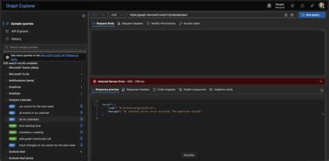 Internal Server Error Alway As A Response For Microsoft Graph Api Mecalendars Endpoint