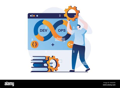 Devops Concept With People Scene In Flat Cartoon Design Man Optimizes Software Creating
