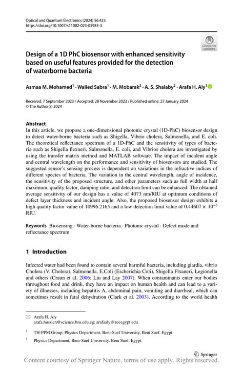 Pdf Design Of A 1d Phc Biosensor With Enhanced Sensitivity Based On Useful Features Provided