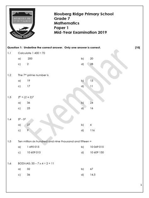Grade 7 Math Paper 1 Mid Year Examination 2019 Pdf Elementary Mathematics Numbers