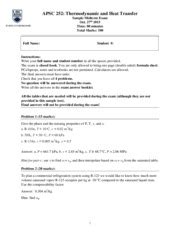 APSC Midterm Sample APSC Thermodynamic And Heat Transfer Babe OF ENGINEERING Sample
