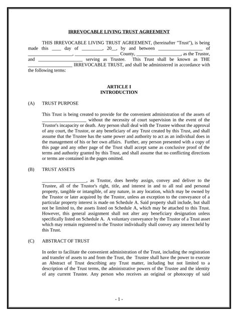 Irrevocable Living Trust Agreement Blank Fillable Template Fill Out