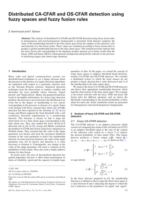 Pdf Distributed Ca Cfar And Os Cfar Detection Using Fuzzy Spaces And