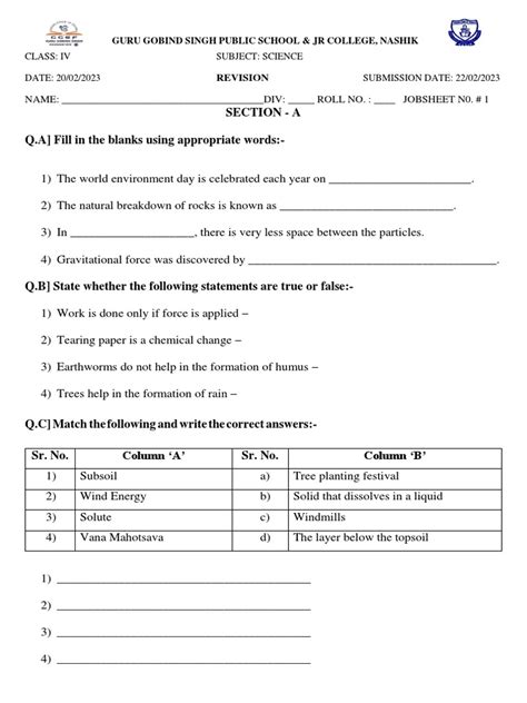 Classs 4 Science Revision Jobsheet No 1 Pdf Soil Nature