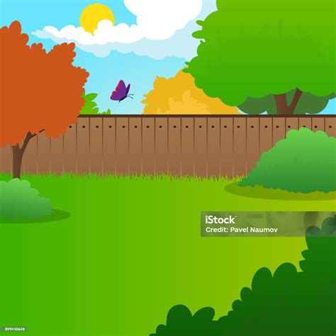 녹색 초원 덤 불 나무 나무 울타리 푸른 하늘 및 비행 나비와 만화 뒤뜰 풍경입니다 여름 자연 배경입니다 화창한 날입니다 평면 벡터 디자인 0명에 대한 스톡 벡터 아트 및