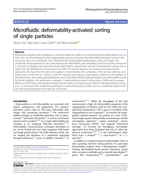 Pdf Microfluidic Deformability Activated Sorting Of Single Particles