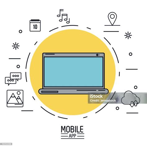 노란색 원 및 일반적인 아이콘 주위에 노트북과 모바일 애플 리 케이 션의 흰색 배경 포스터 그래픽 사용자 인터페이스에 대한 스톡 벡터 아트 및 기타 이미지 그래픽 사용자